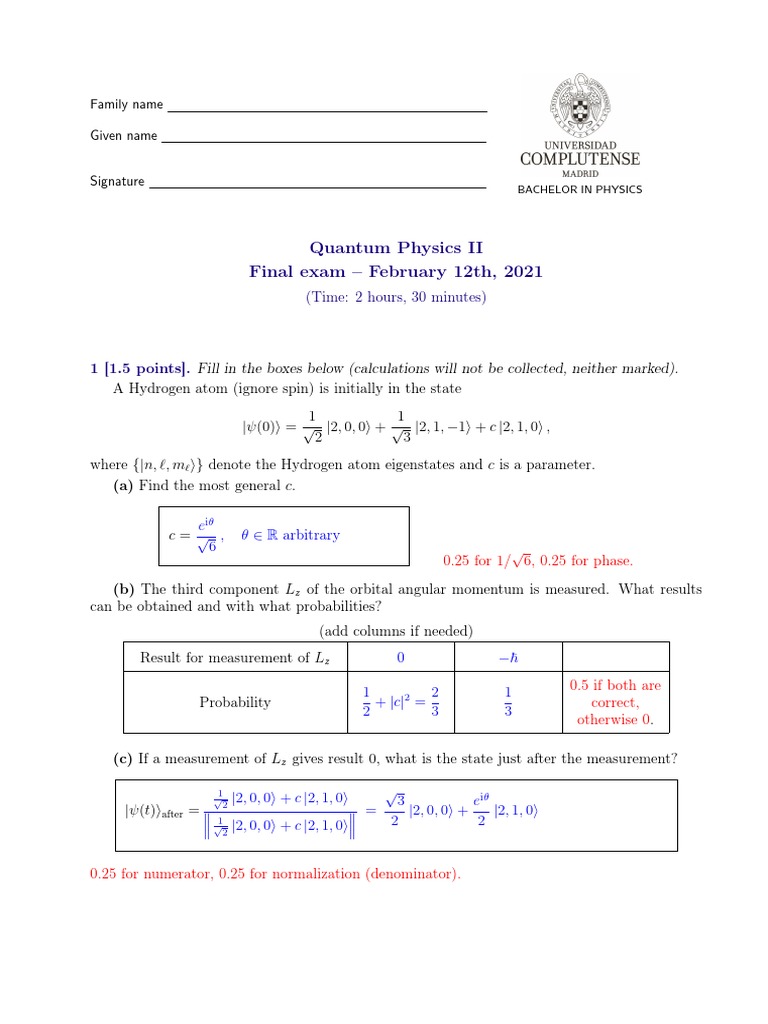QP2 20 - 21 Final Exam Solutions | PDF | Spin (Physics) | Hamiltonian ...