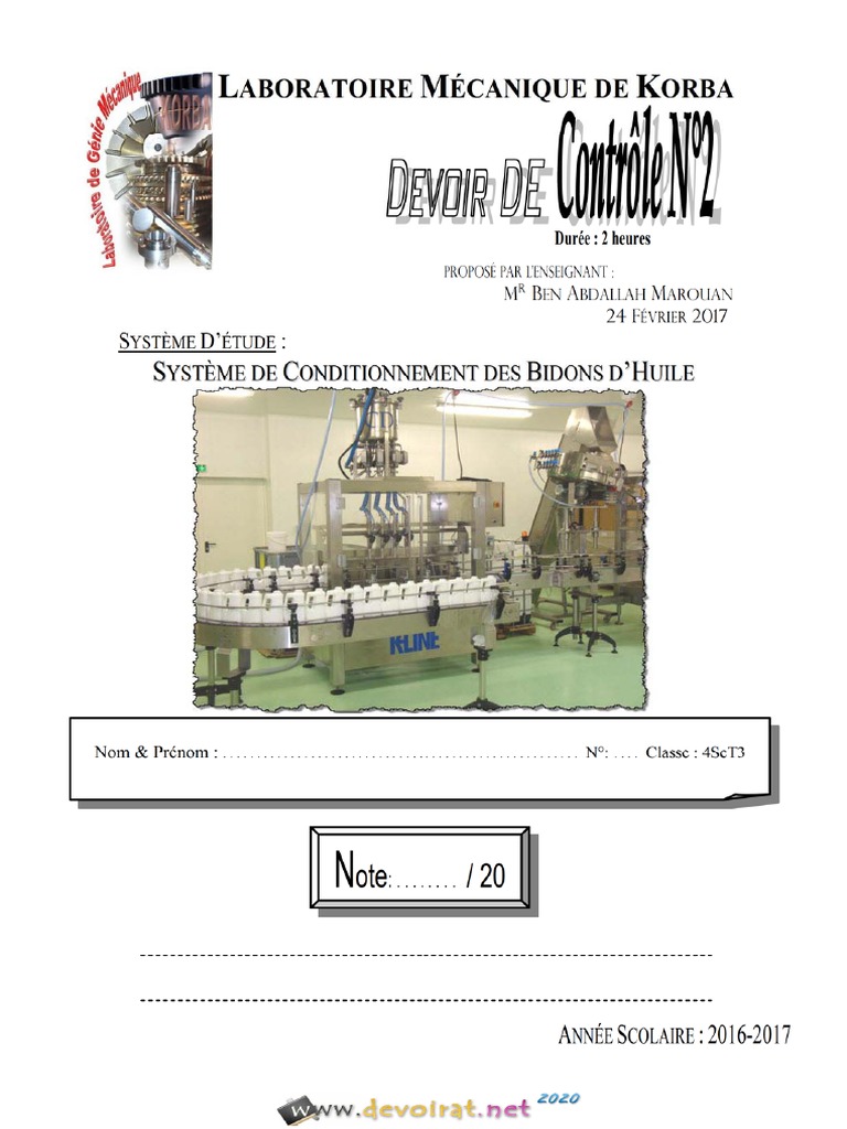 Devoir de Contrôle N°2 Avec Correction - Génie Mécanique - Chaîne de Conditionnement de Bidons D ...