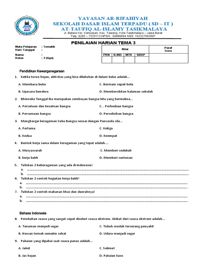 Soal PH Kelas 3 Tema 5 | PDF