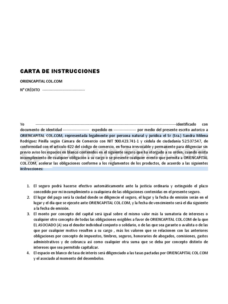 Carta de Instrucciones - Oriencapital - Col - Com - Sas | PDF ...