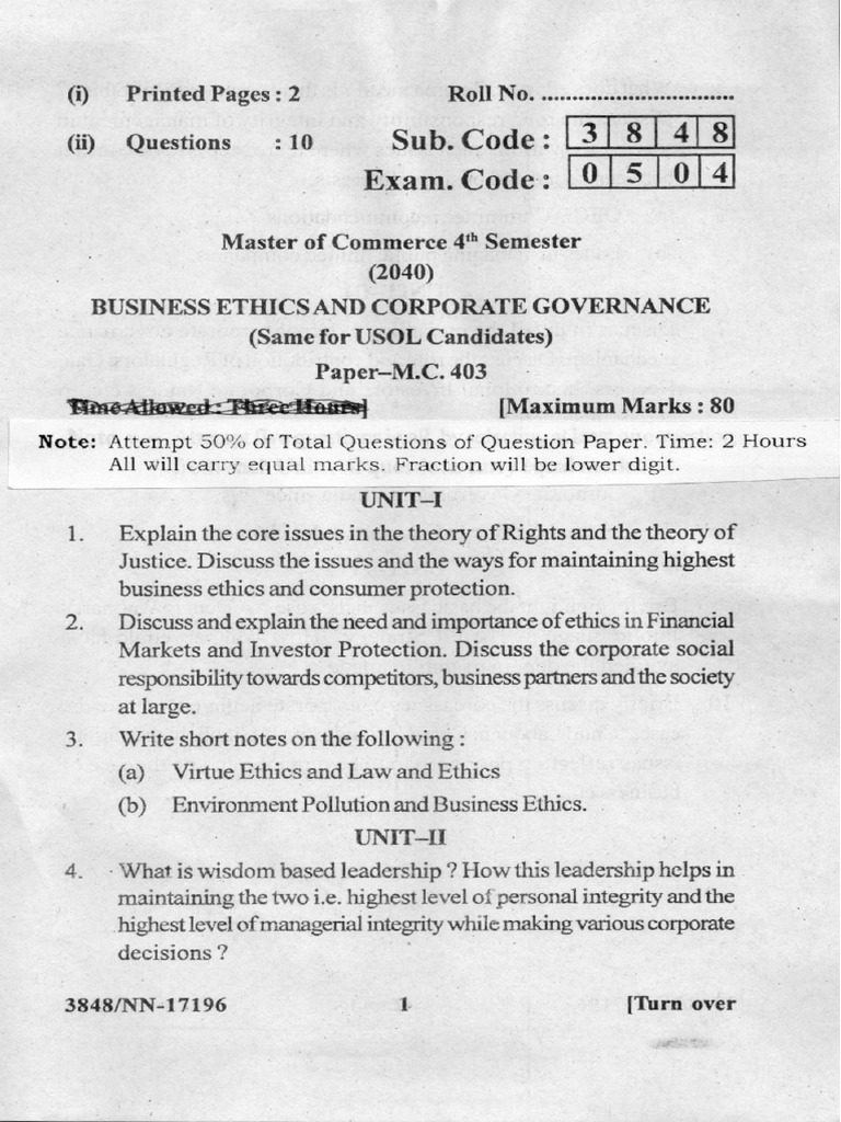 Business Ethics and Corporate Governance Paper | PDF