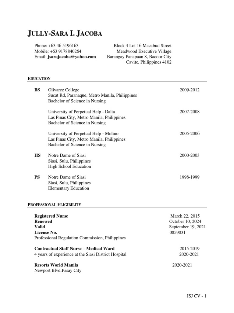 Jullysara Jacoba Curriculum Vitae | PDF | Nursing | Intravenous Therapy
