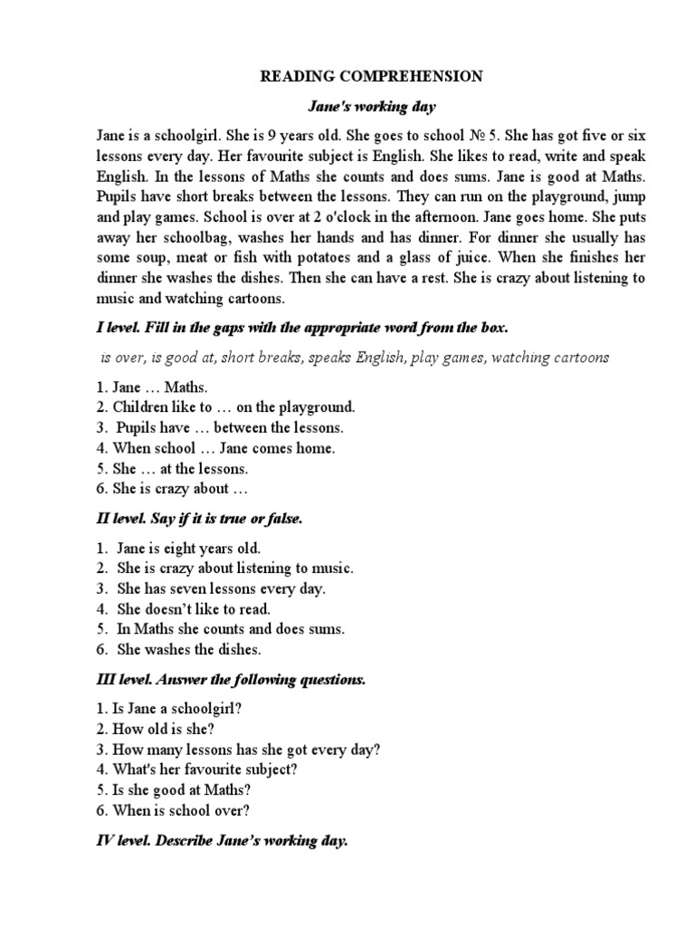 Jane's working day: Reading Сomprehension | PDF | Language Arts ...