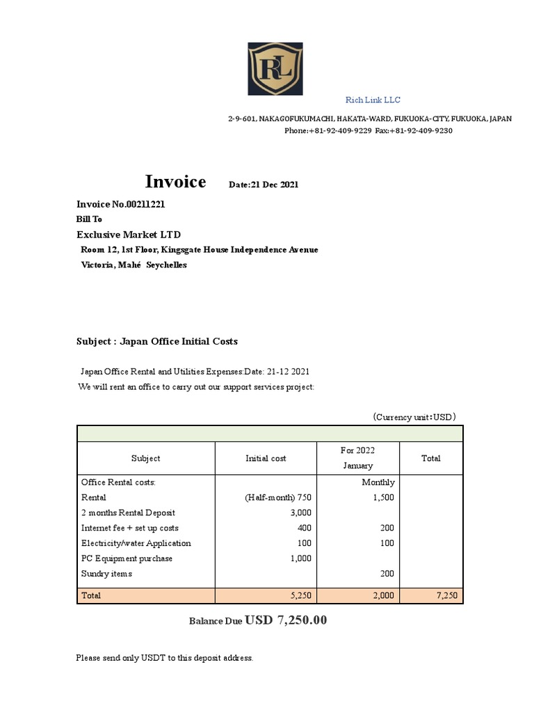 INVOICE Japan Office Initial Costs | PDF
