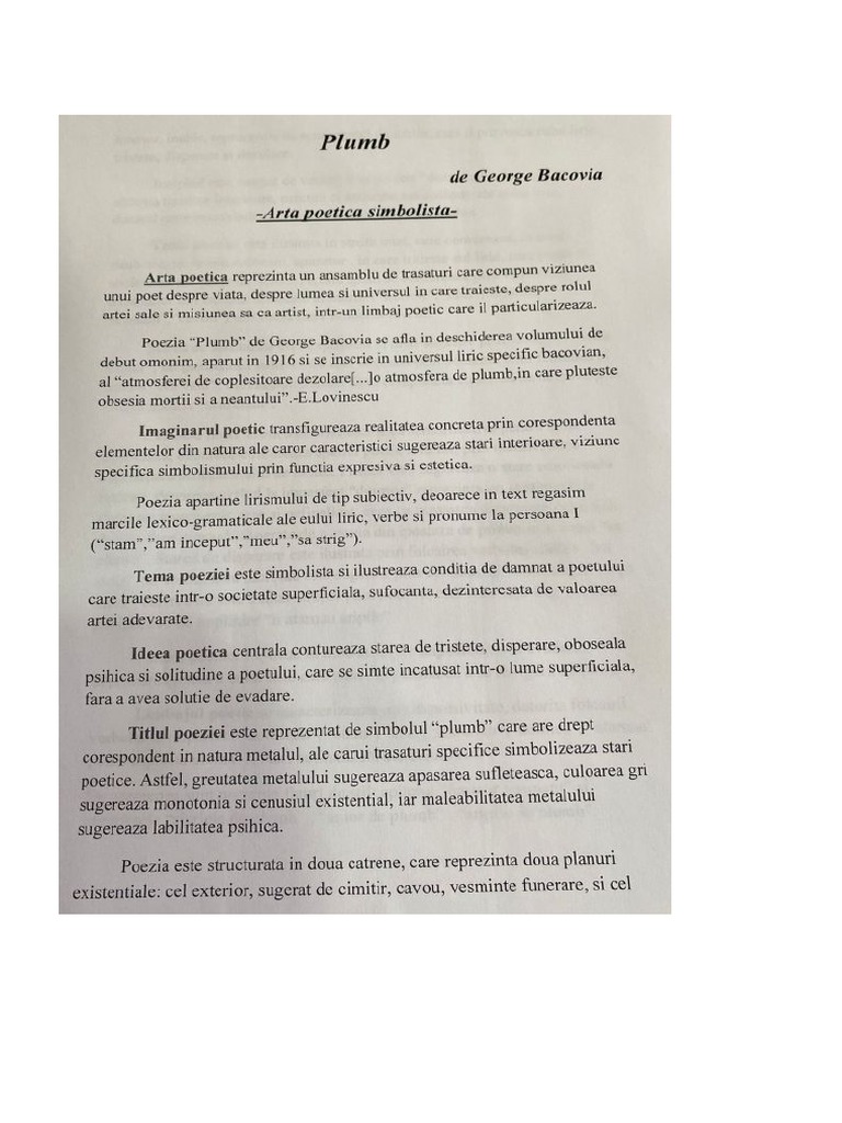 Plumb (Arta Poetica Simbolista) - Comentariu | PDF