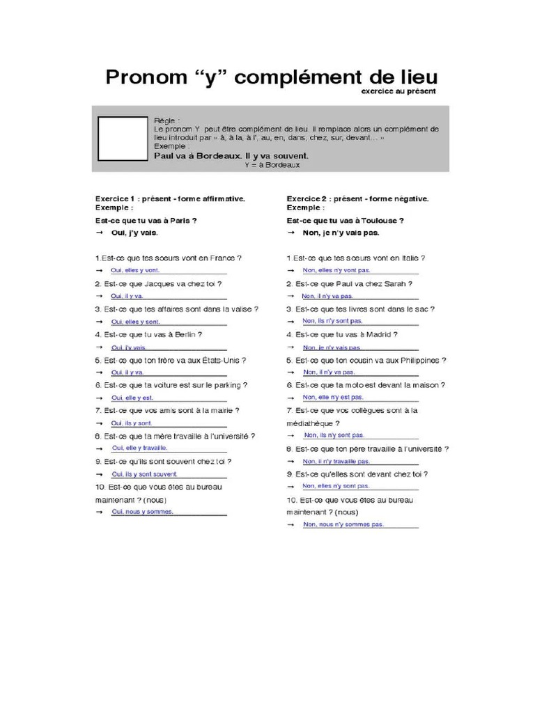 Le Pronom y Exercices | PDF
