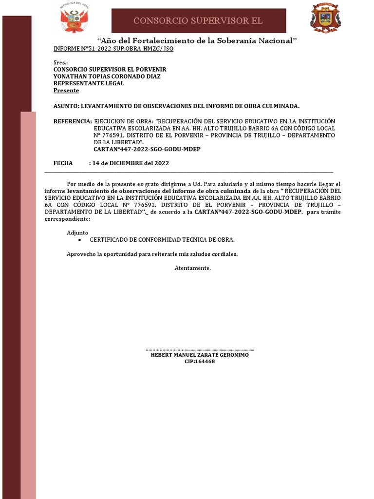 Informe de Obra Culminada LEVANTAMIENTO DE OBS | PDF