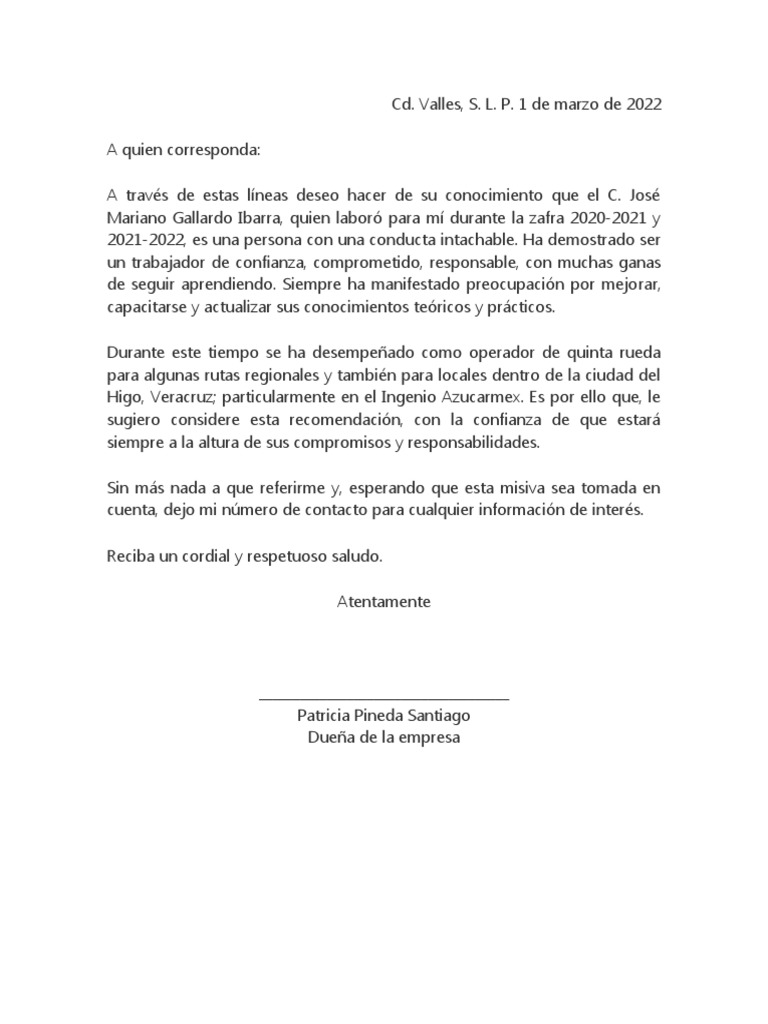 Formato de Carta de Recomendación | PDF