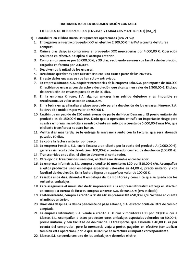 TDC Ejercicios UD 5 (Envases y Anticipos I) | PDF | Factura