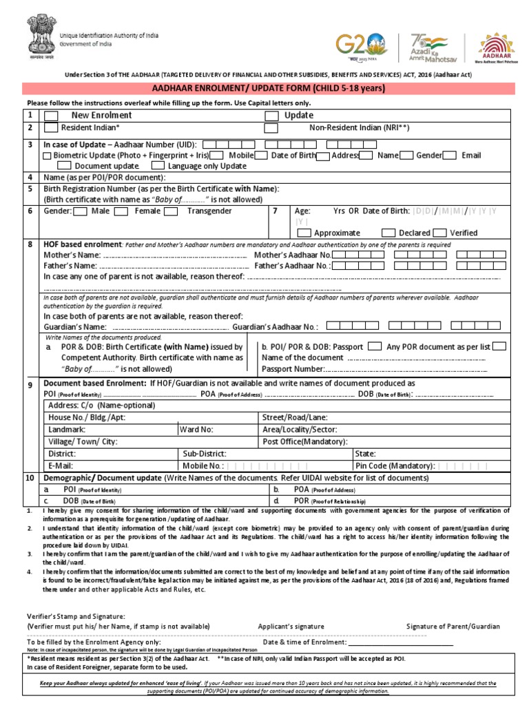ENROLMENT-UPDATE Form Child. 5-18 Years - V3 | PDF | Birth Certificate ...