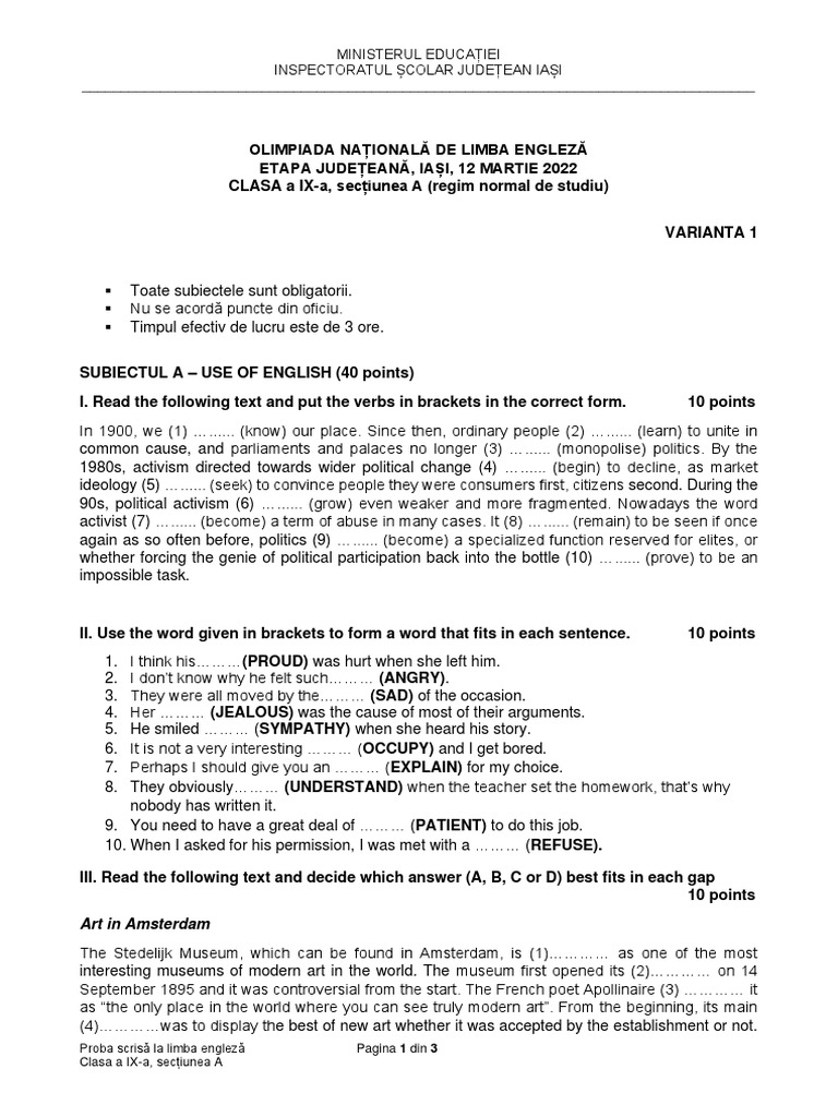 Clasa A IX-a, Sectiunea A - Subiect - Var 1 | PDF | Domestication | Human