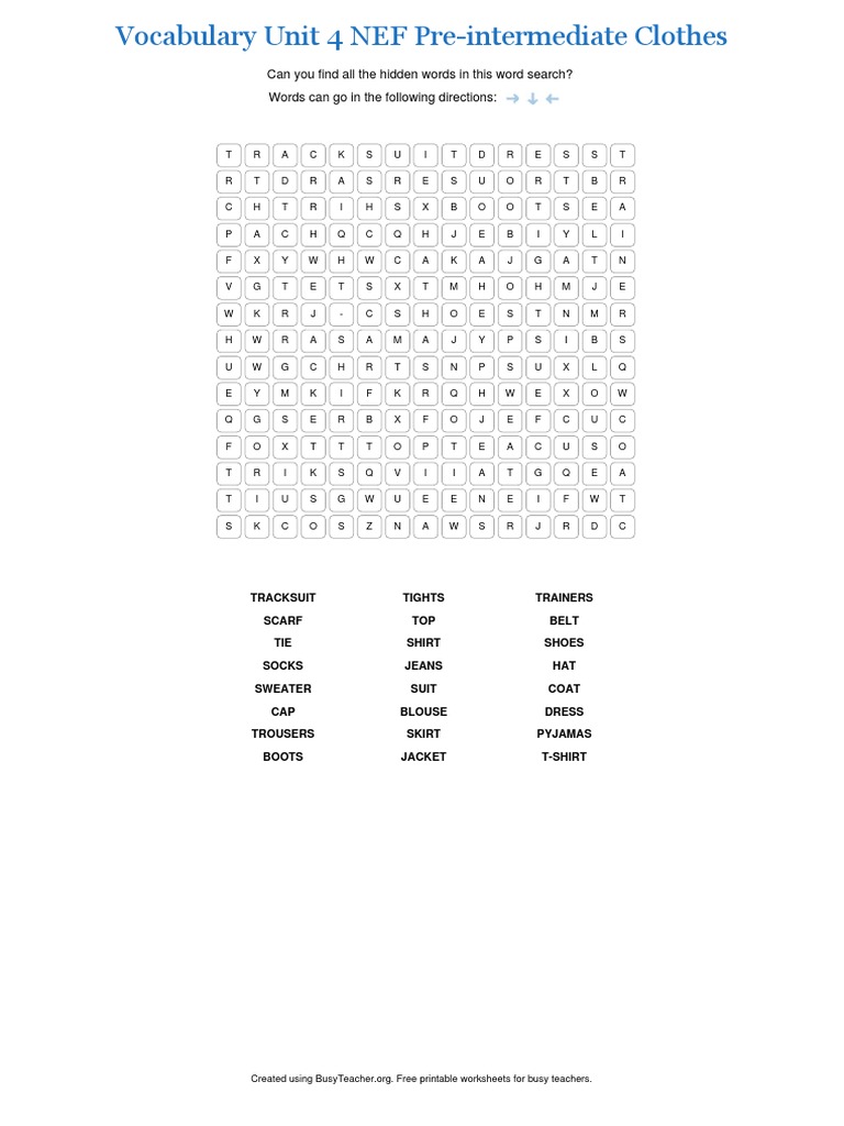 Vocabulary Unit 4 NEF Pre-Intermediate Clothes | PDF | Clothing | Fashion