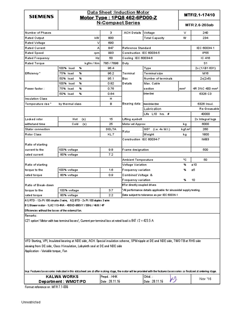 800 kW Induction Motor Data Sheet | PDF