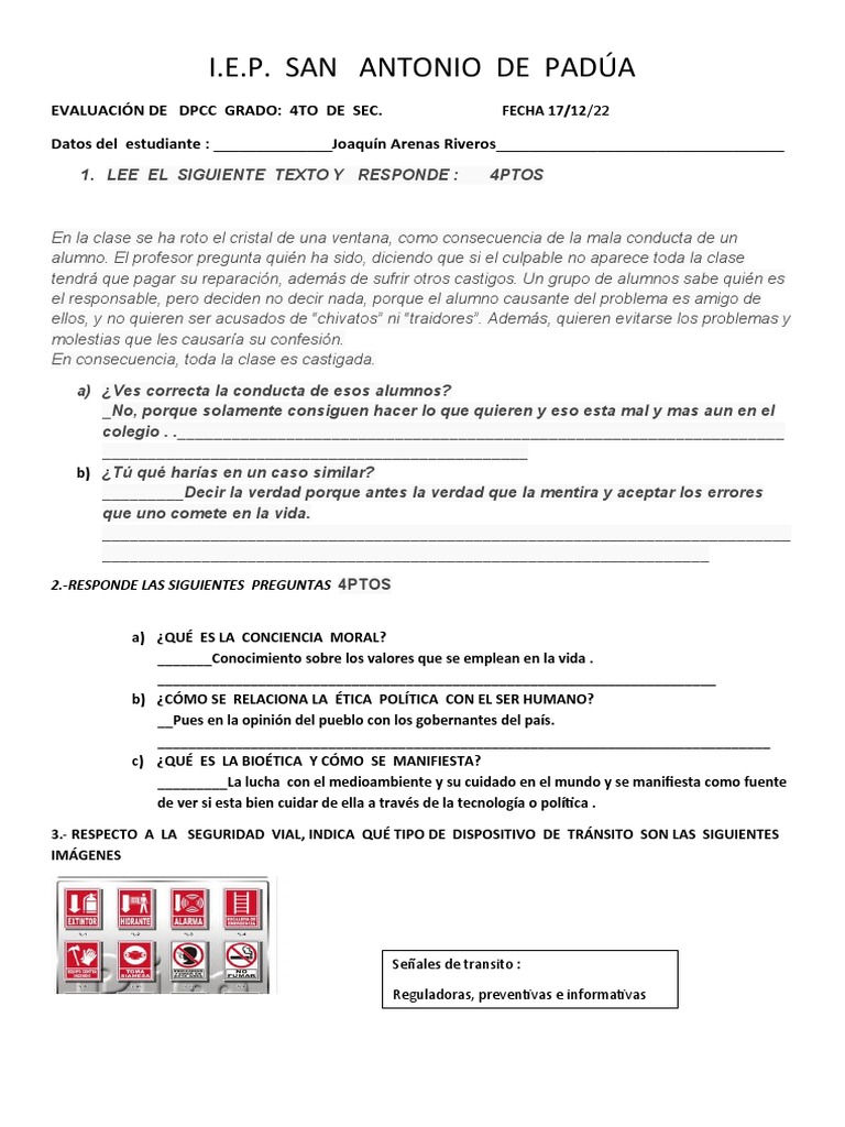 Evaluacion De Dpcc 4to Joaquin Arenas Pdf Etica Aplicada 2735