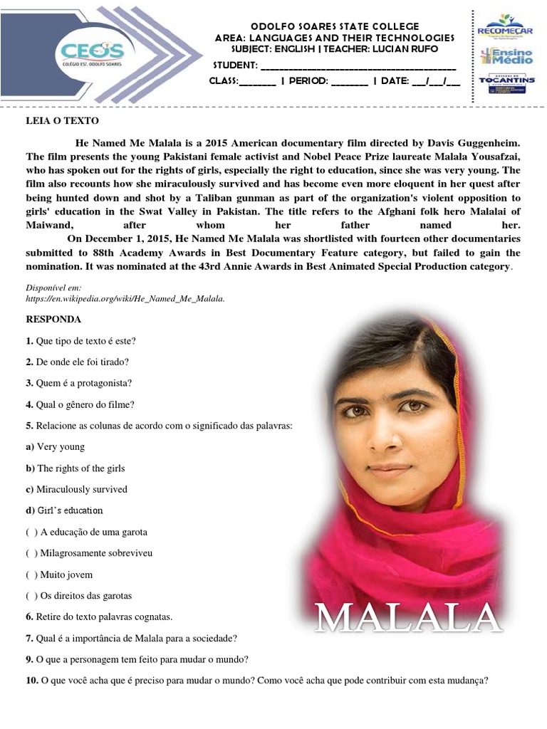 Atividade Sobre Malala (Inglês) | PDF