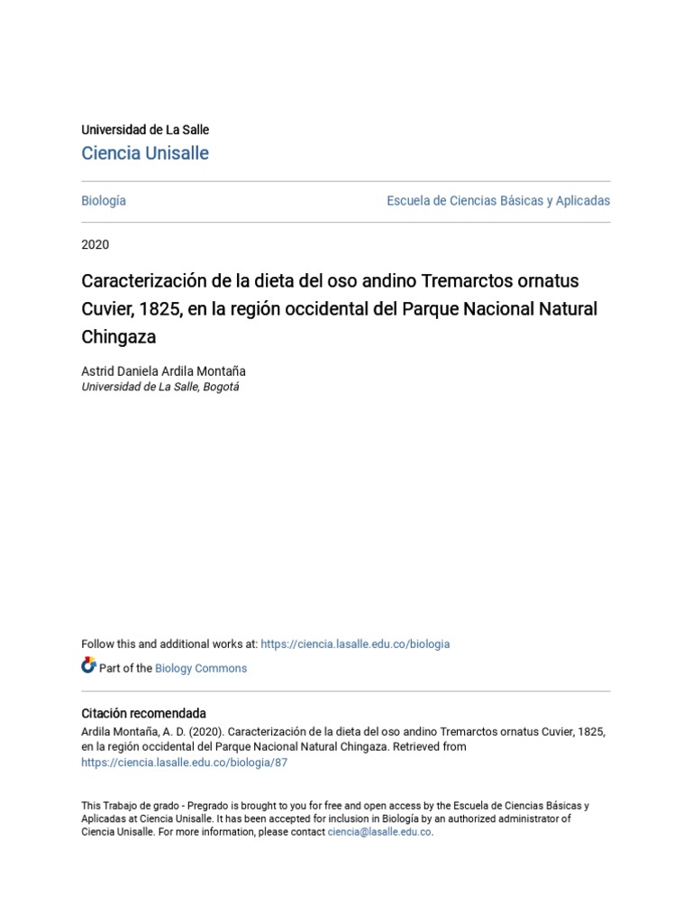 Caracterización de La Dieta Del Oso Andino Tremarctos Ornatus Cuv | PDF ...