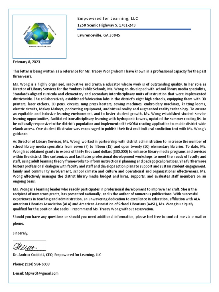 Letter of Recommendation For Tracey Wong | PDF | School Library | Libraries