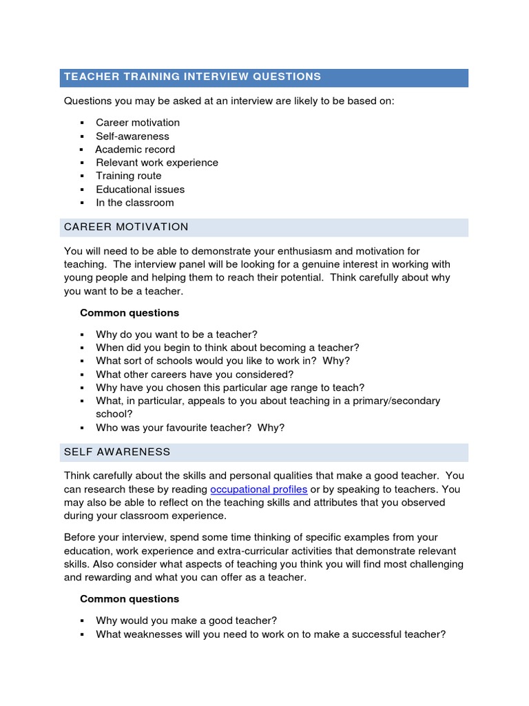 Teacher Training Interview Questions Guide | PDF | Teachers | Teacher ...