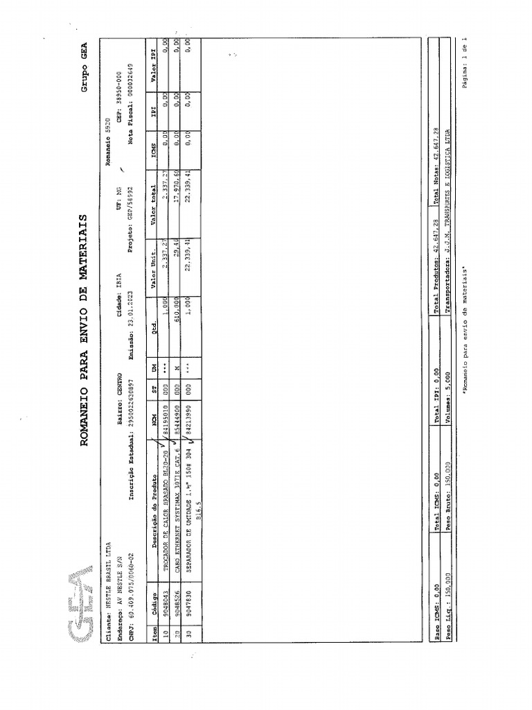 Romaneio NF 32649 | PDF