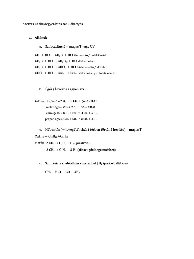 Szerves Reakcióegyenletek Tanulókártyák | PDF