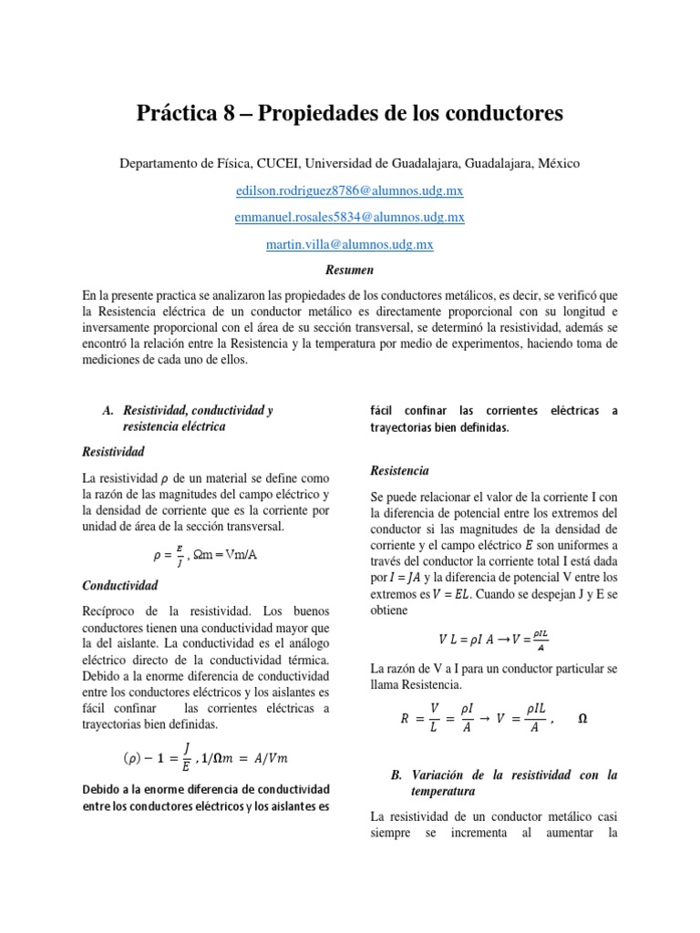 Práctica 8 - Propiedades de Los Conductores | PDF | Conductor electrico ...