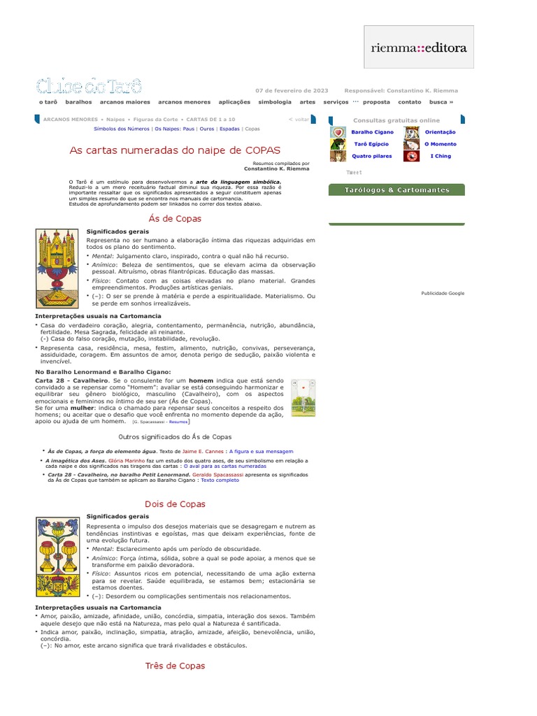 As Cartas de 1 A 10 - Naipe de Copas - Clube Do Tarô - Tarot | PDF | Tarô | Amor