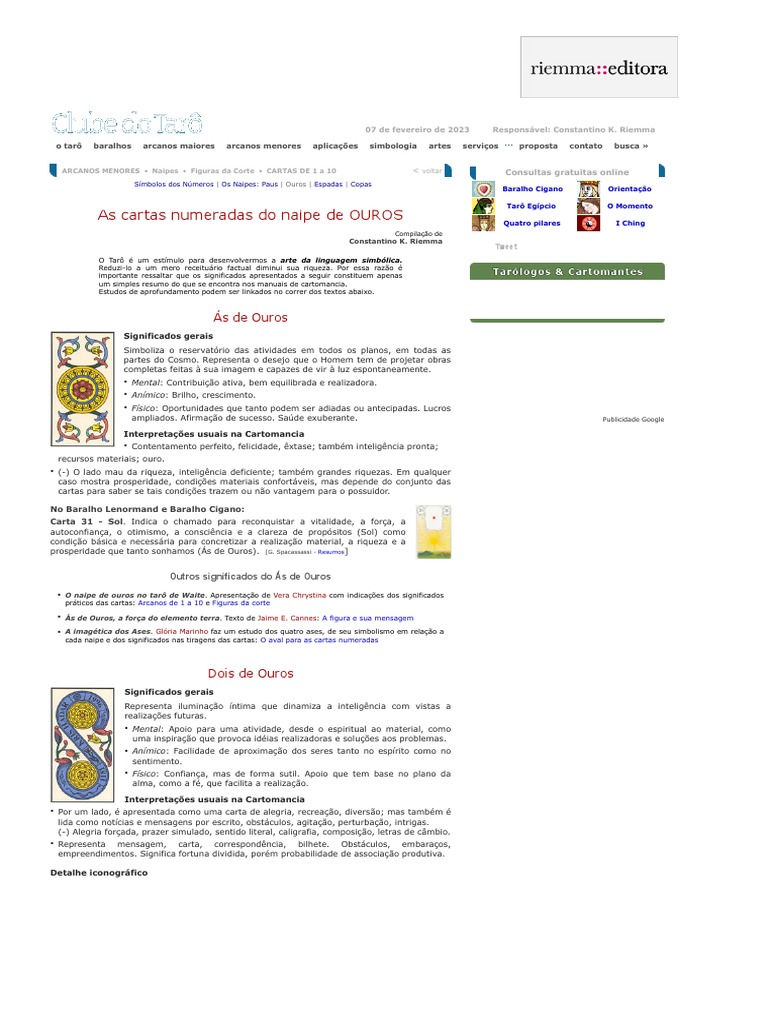 As Cartas de 1 A 10 - Naipe de Ouros - Clube Do Tarô - Tarot | PDF | Tarô | Cartas de baralho