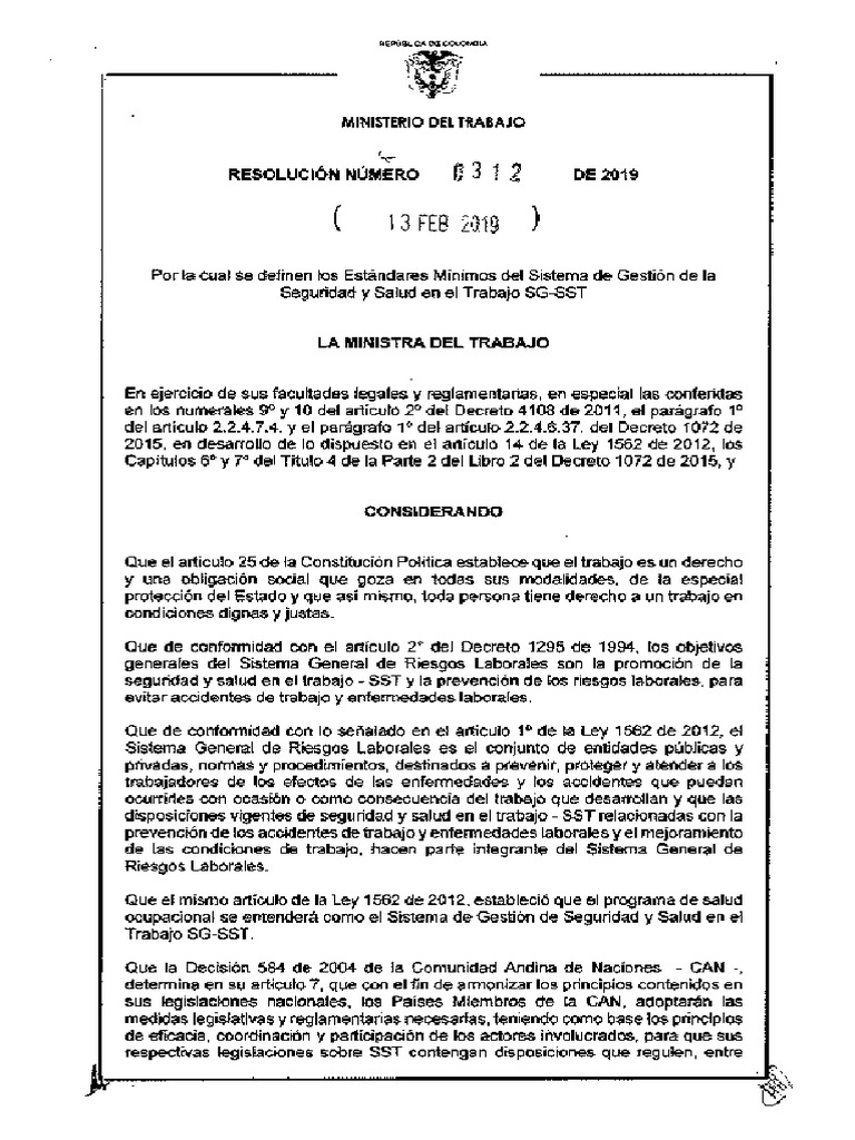 Resolucion 0312-2019 - Estandares Minimos Del Sistema de La Seguridad y Salud | PDF
