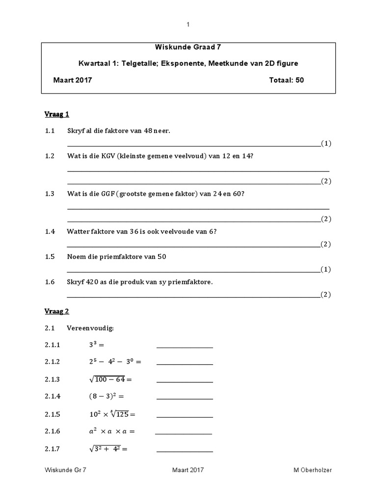 GR 7 Wiskunde Eerste Kwartaal 2017 | PDF