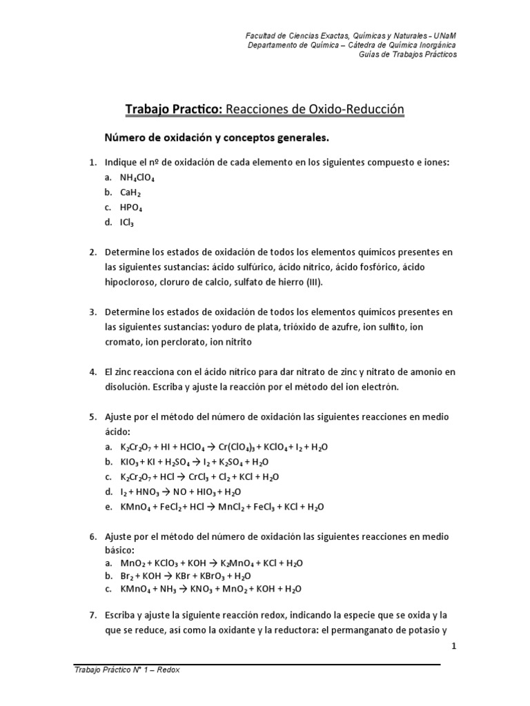 Ejercicios de Oxidación - Reducción 1 | PDF | Redox | Ácido