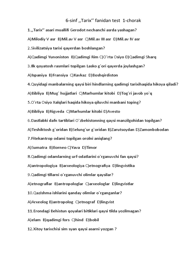 6 Sinf Tarix Fanidan Testlar 1 | PDF