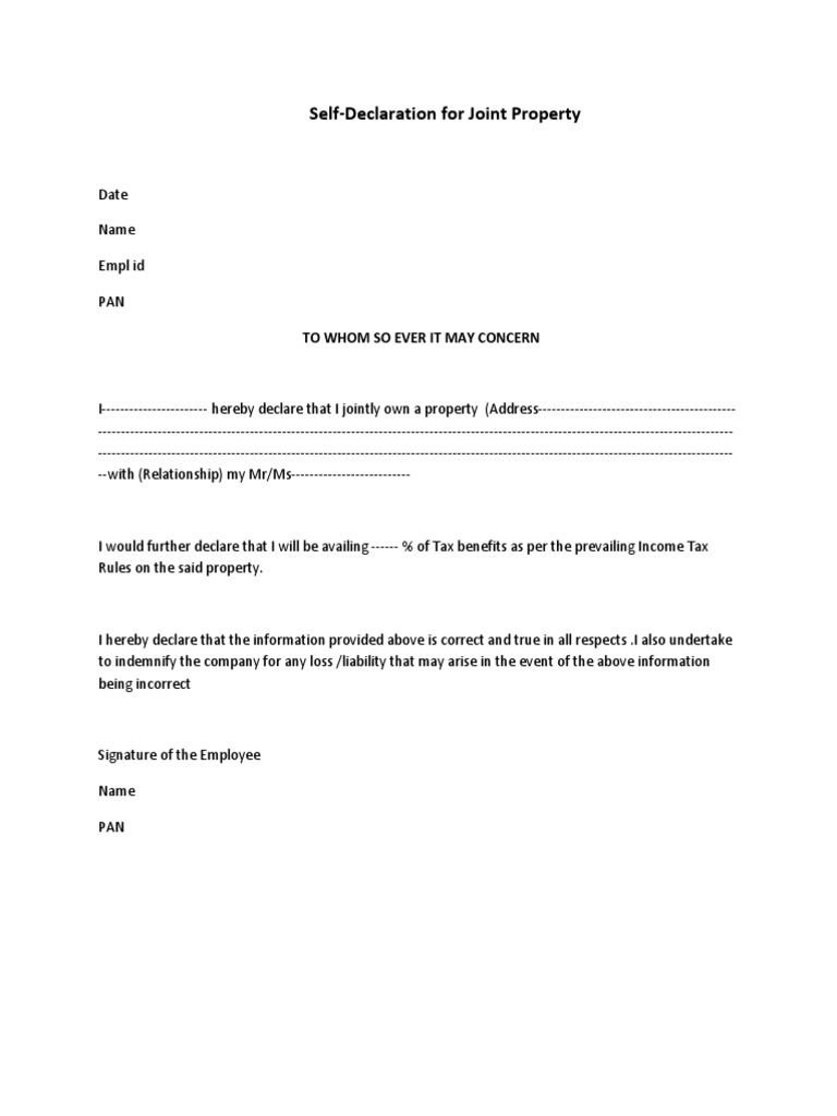 Self Declaration For Joint Property (Housing Loan) | PDF