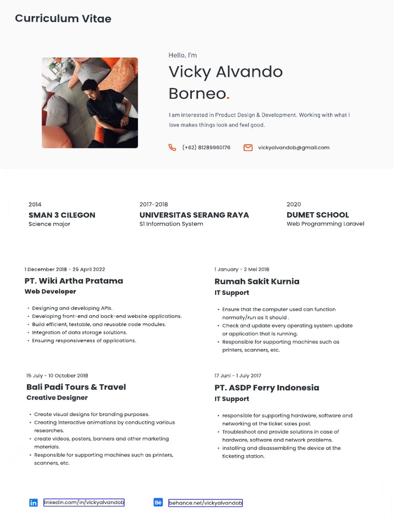Vicky Alvando's Curriculum Vitae Highlighting Experience in Product Design, Web Development, and ...