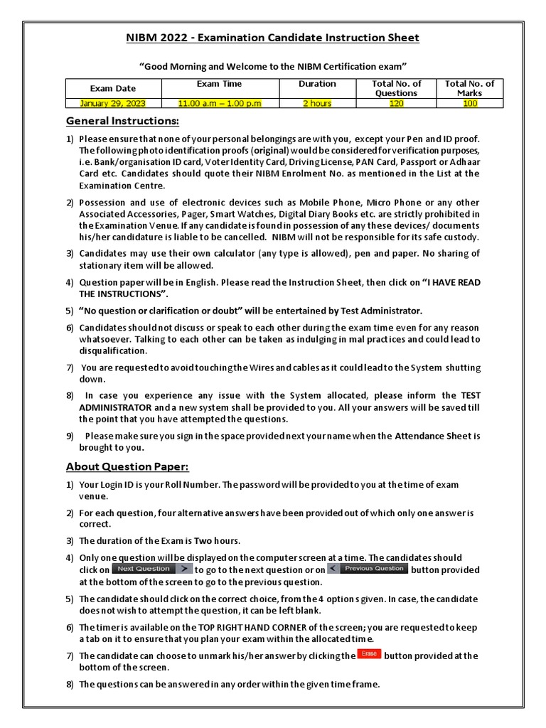 Candidate Instruction Sheet | PDF | Identity Document