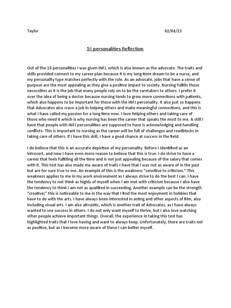 Personality Reflection | PDF | Nursing | Social Psychology