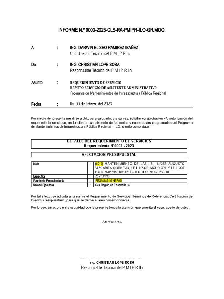 Informe N°0005 Requerimiento de Servicio Almacenero - Falta | PDF