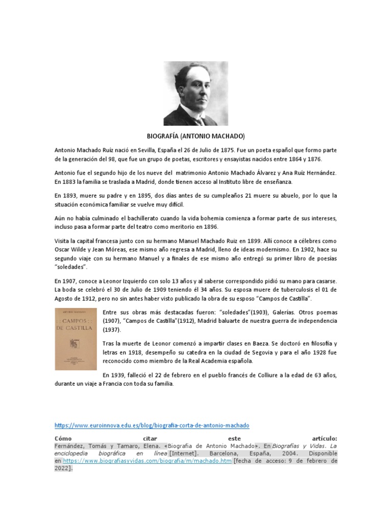 BIOGRAFÍA Antonio Machado Borrador | PDF