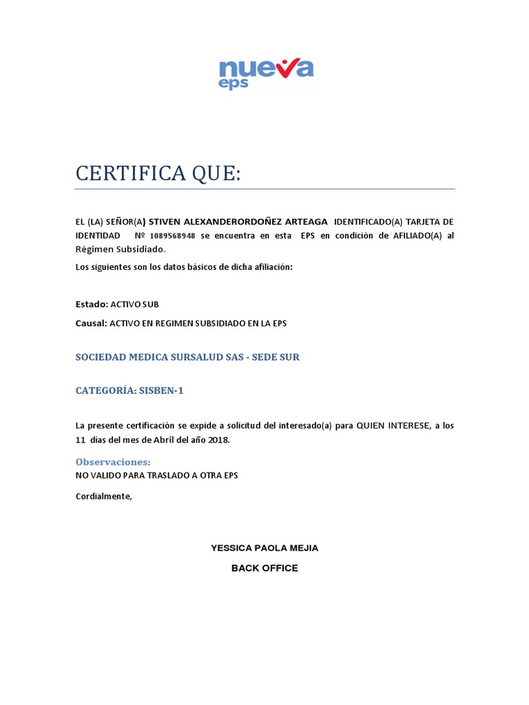 Certifica Que::) Stiven Alexanderordoñez Arteaga | PDF