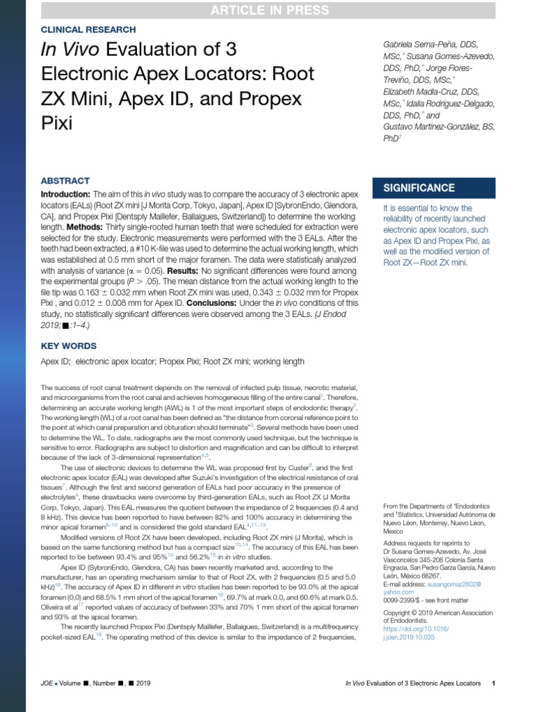 In Vivo Evaluation Of Three Electronic Apex Locators Pdf Dentistry Branches