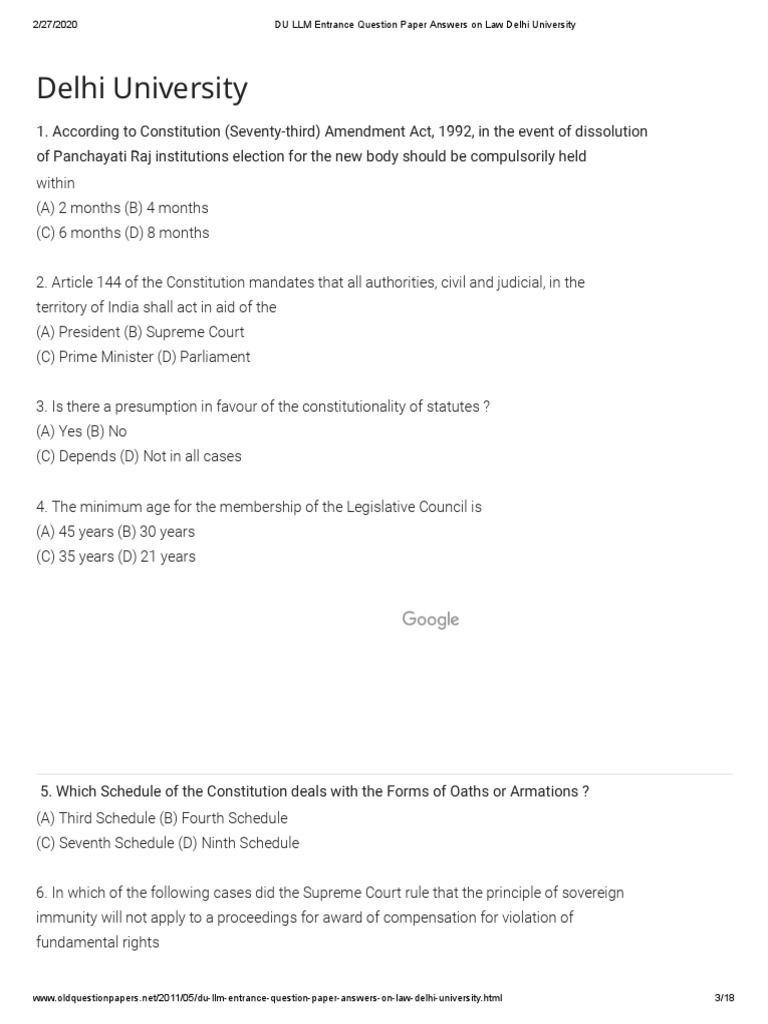 DU LLM Entrance Question Paper Answers On Law Delhi University 2019 ...