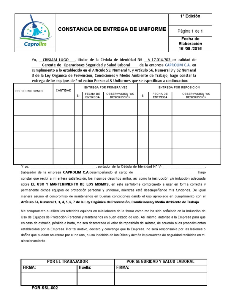 Formato De Entrega De Uniforme Actualizacion Sysl Pdf