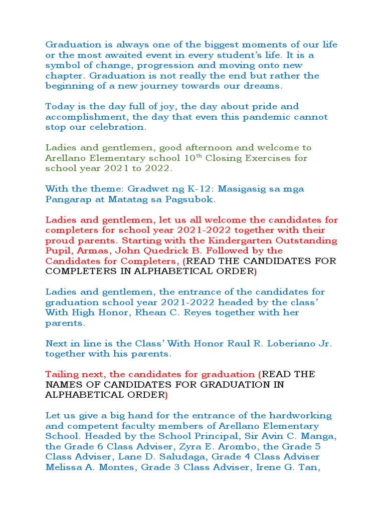 Elementary Graduation 2022 Script | PDF | Career & Growth | Sports ...