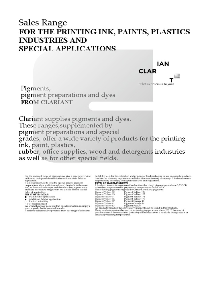 Clariant Brochure Sales Range Printing Ink Paints Plastics Industries ...