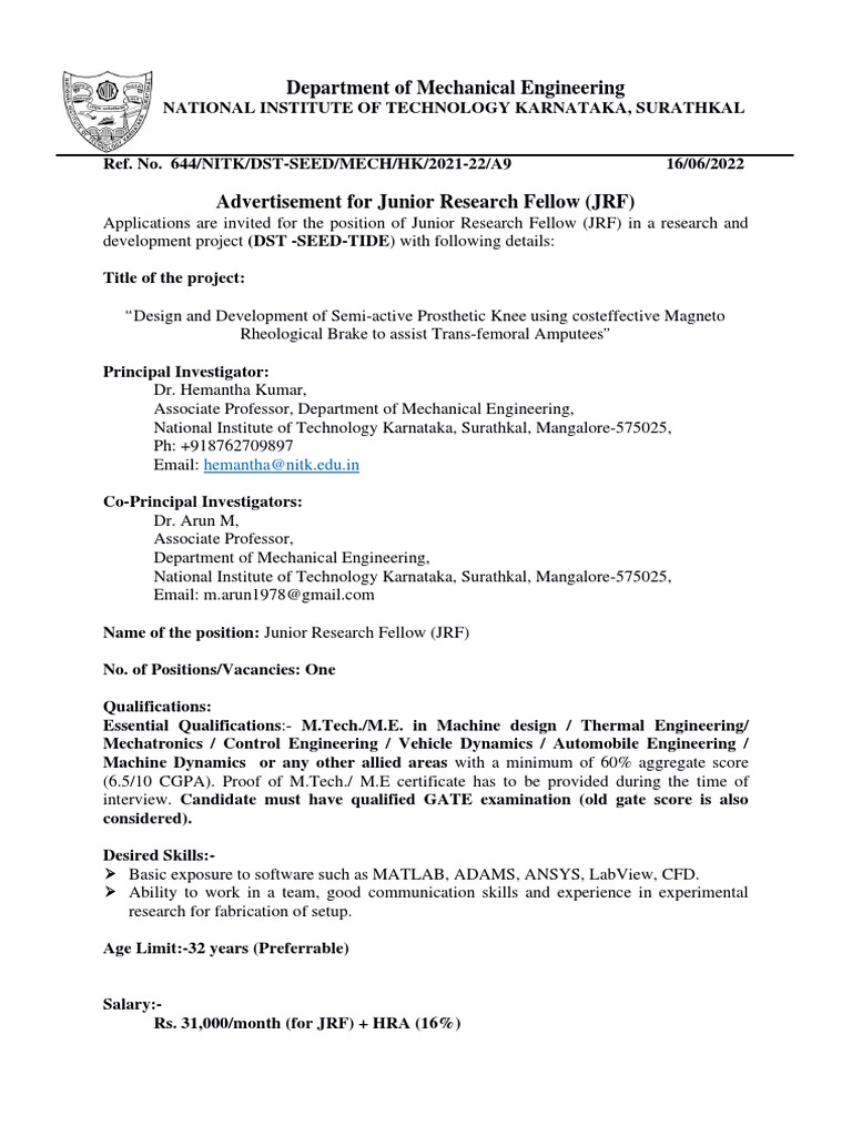 JRF Advertisment DST TIDE - 16-06-2022 | PDF | Prosthesis | Mechanical ...