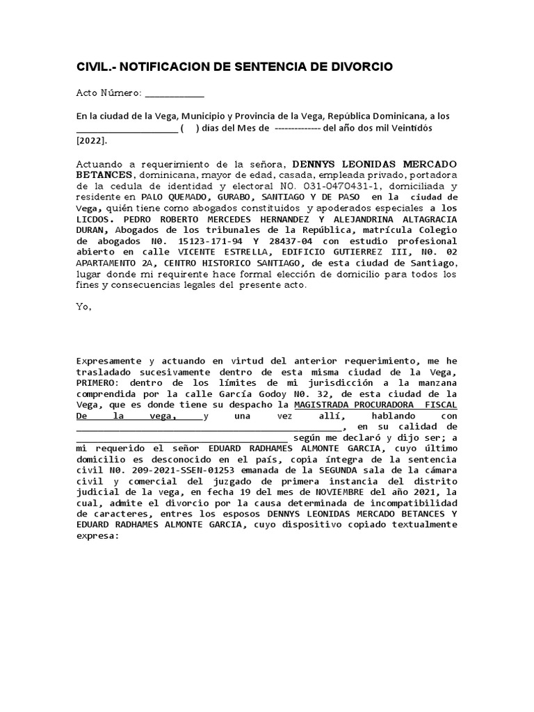 Civil - Notificacion de Sentencia de Divorcio Pedro La Vega | PDF ... Civil - Notificacion de Sentencia de Divorcio Pedro La Vega | PDF ...