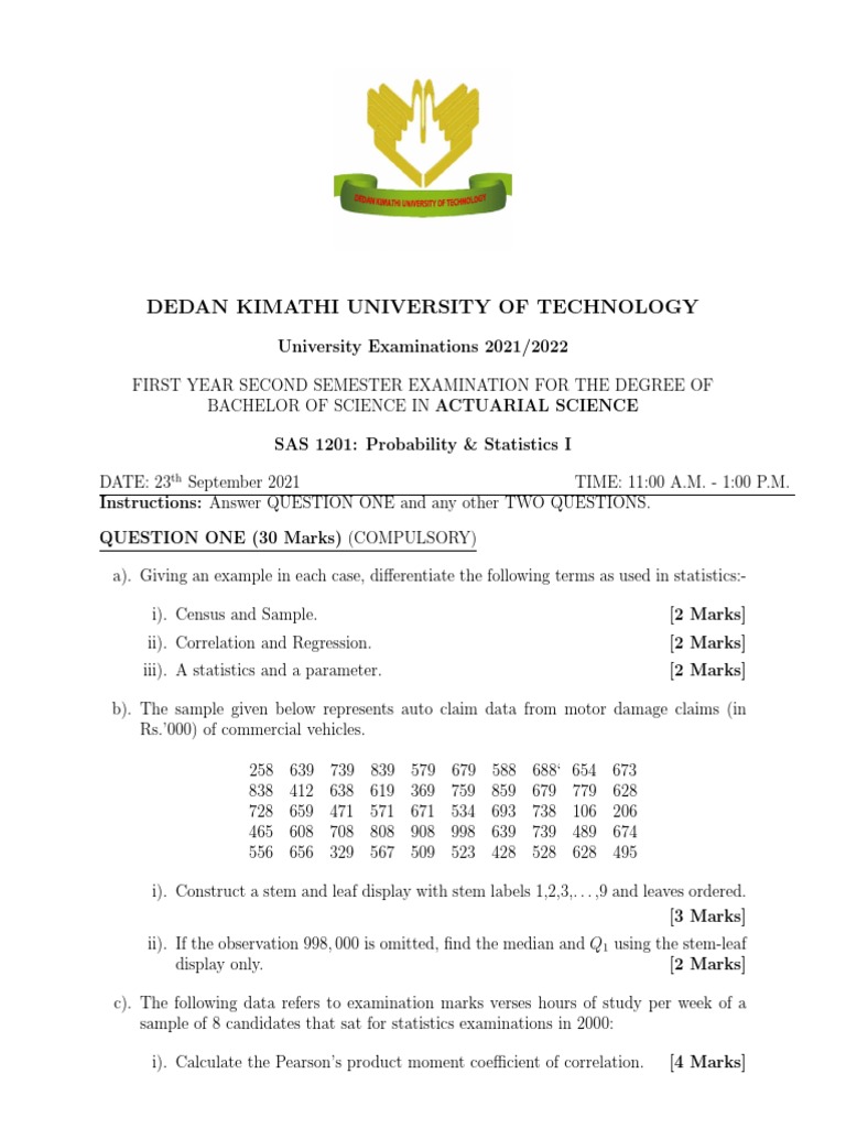 SAS 1201 Probability and Statistics I | PDF | Statistics | Probability Distribution