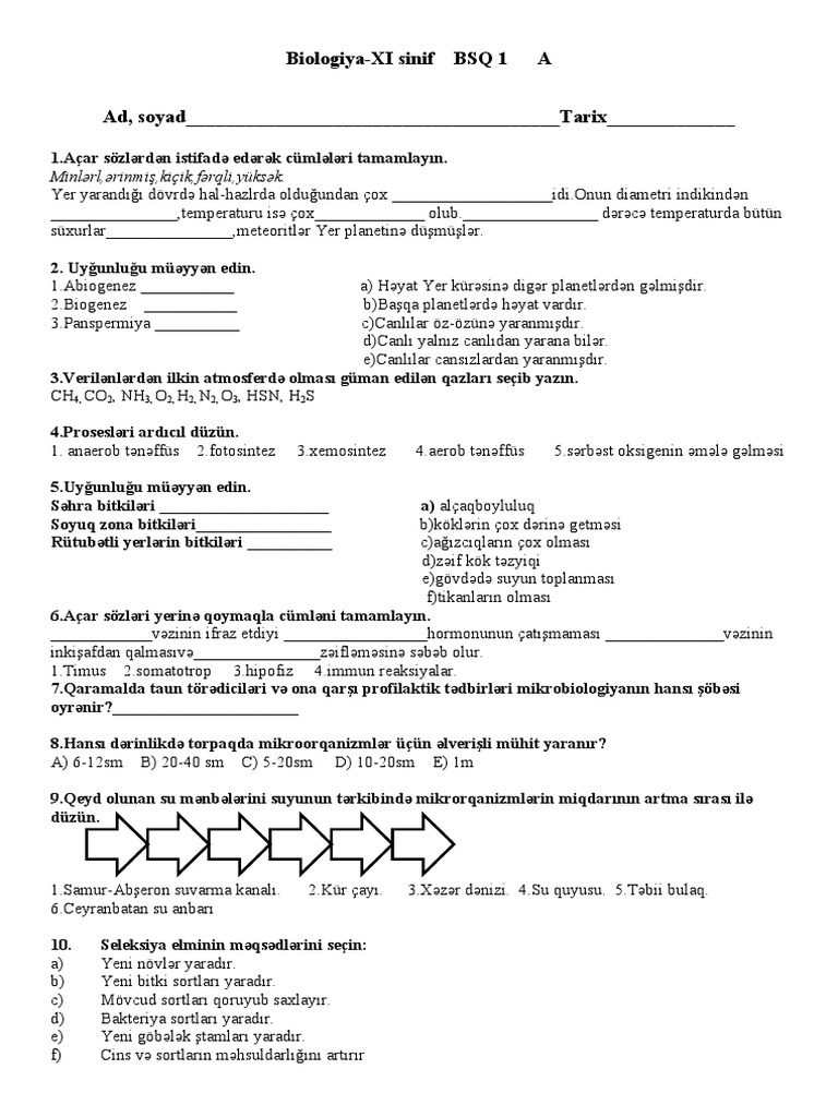 XI Sinif Biologiya BSQ 1 | PDF
