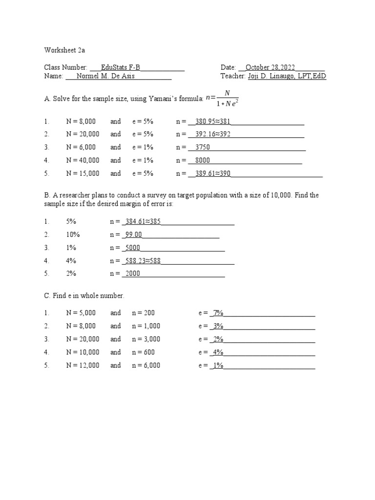 De Asis - Yamane's Formula Exercise - Assignment#2 | PDF