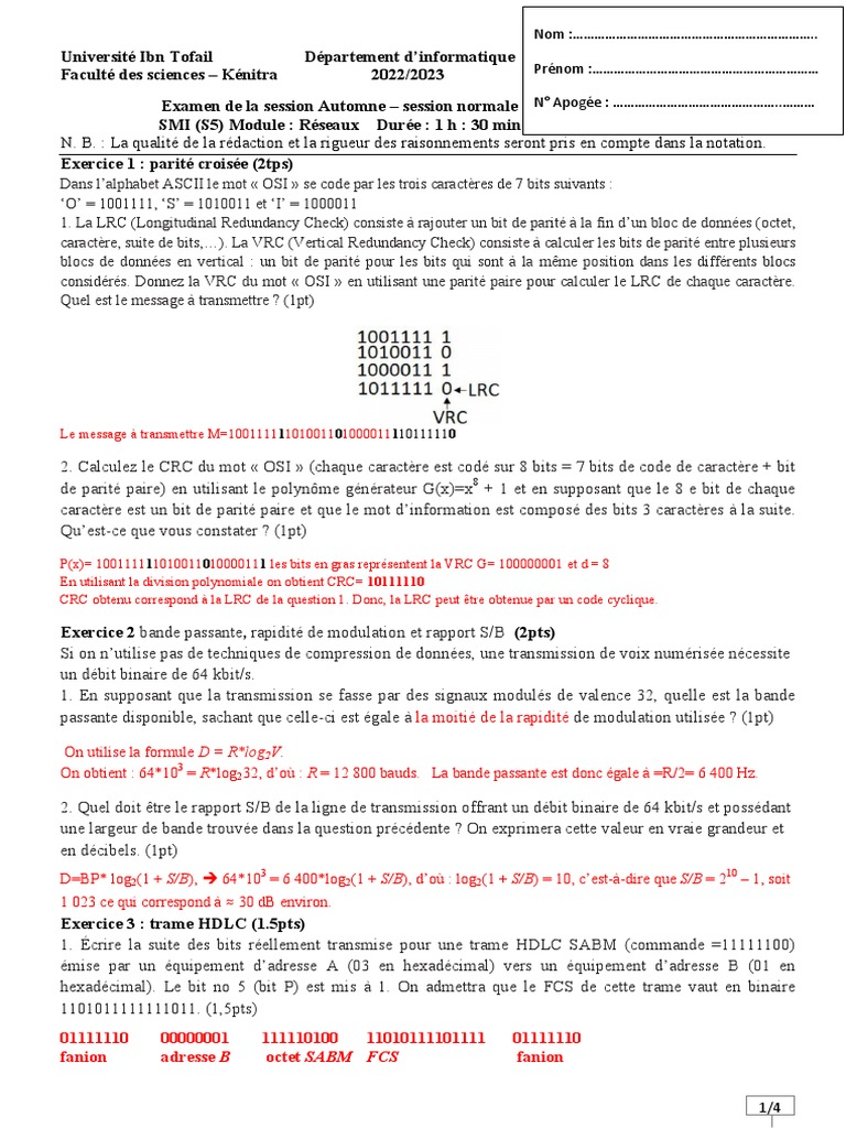 Corrigé Examen 2023 Sn Pdf Débit Binaire Transmission Des Données