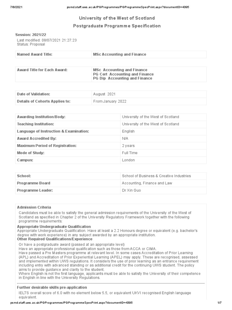 Appendix 1 MScAF Spec de | PDF | Master's Degree | Accounting
